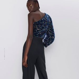 Zara | Tops | Gorgeous Zara One Shoulder Sleeve Sequined Blouse | Poshmark